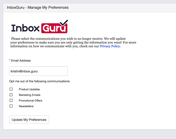 Creating a Manage Preferences Page